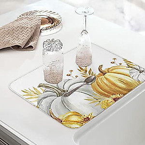 Autumn Farm Pumpkins Dish Drying Mat for Kitchen Counter, Sunflowers and Vegetable Water Absorbent Microfiber Dishes Drainer Mats Reversible Pad Coffee Bar Tableware Pads 16"x18" Fall Harvest