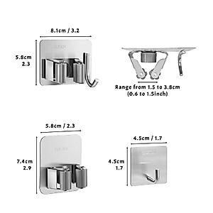 Daily Treasures 6 Pcs Stainless Steel Broom Holder Wall Mount Self Adhesive (with Hook), Adjustable Size Broom and mop Holder, Flexible Freestanding Broom Sticky Back Hooks, Hook Broom Hanger