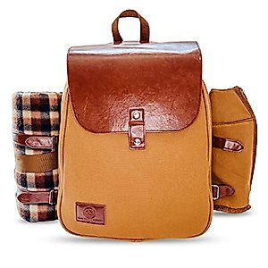 Picnic Backpack - Canvas and Faux Leather Picnic Backpack for 4 – Insulated Picnic Basket for 4 and Picnic Set - Picnic Basket w/a Fleece Picnic Blanket, Dinner Plates and Cutlery Set