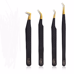 HADIZ Set of 4 Fiber Tip Diamond Grip Eyelash Extensions Tweezers Japanese Stainless Steel Lash Tweezer(Black)