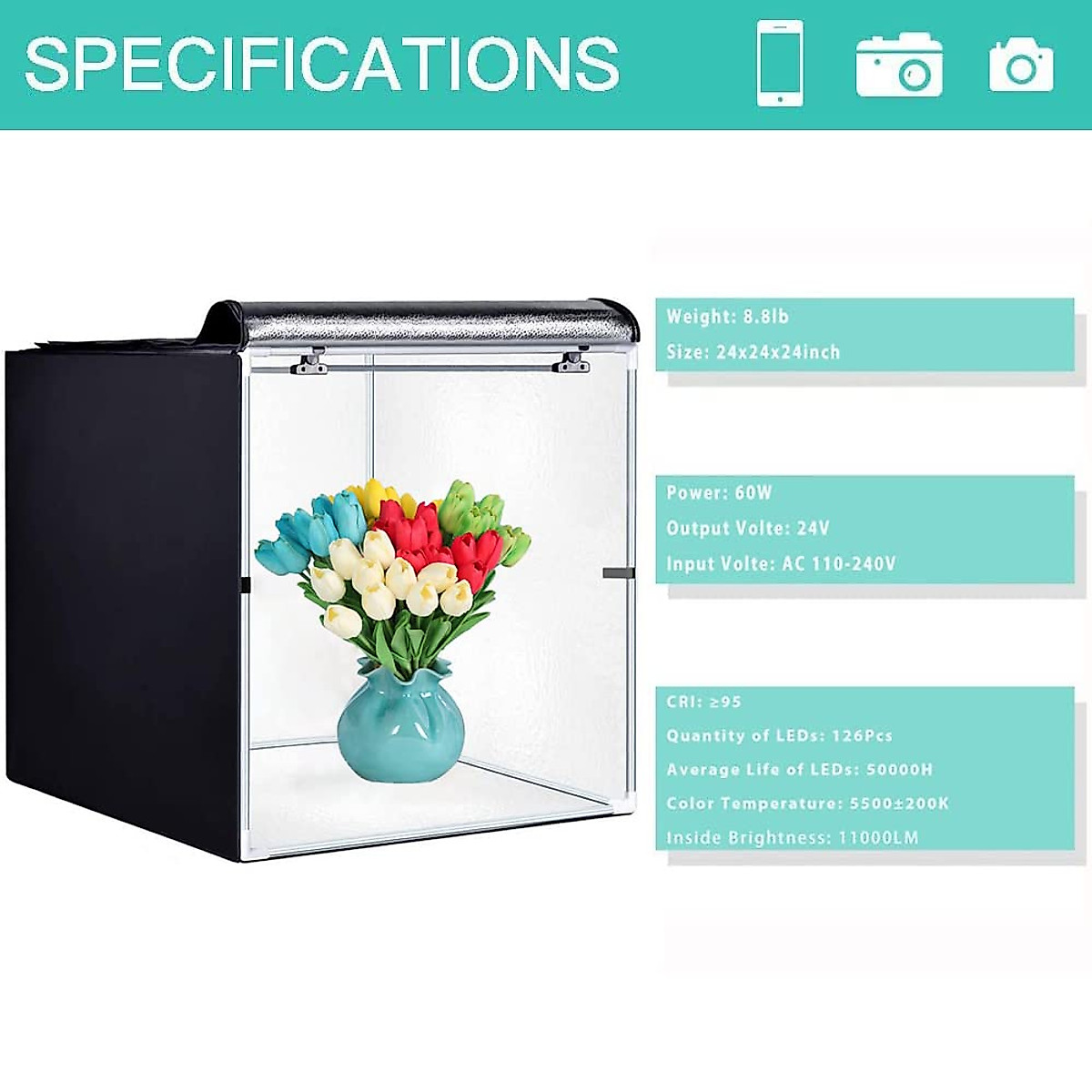 Lightbox, GLZ 24x24 Inch Photo Studio Light Box Shooting Tent Kit with Dimmable and Movable LED Lights, Carry Bag and 3 Color backdrops for Photoshoot (White Black Orange)