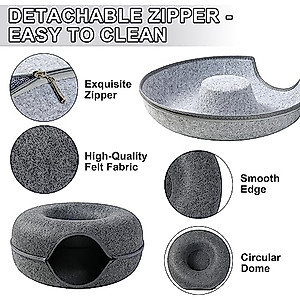 Bininl Cat Tunnel,Peekaboo Cat Cave Bed for Indoor Cats,Cat Donut Tunnel for Pet Cat House,Detachable Round Cat Felt & Washable Interior Cat Play Tunnel(24 Inch, Dark Grey)