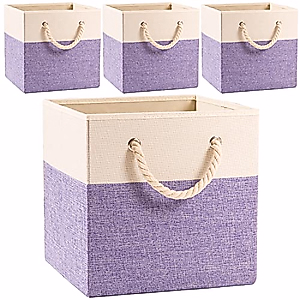 PRANDOM Large Foldable Cube Storage Bins 13x13 inch [4-Pack] Fabric Linen Storage Baskets Cubes Drawer with Cotton Handles Organizer for Shelves Nursery Closet Bedroom Purple