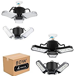 4-Pack LED Garage Lights, 80W LED Shop Light 5000K 6000LM Three-Leaf Garage Ceiling Light Fixtures,Adjustable Multi-Position Panels，E26 Base,LED Glow Light for Garage, Workshop Attic and Basement