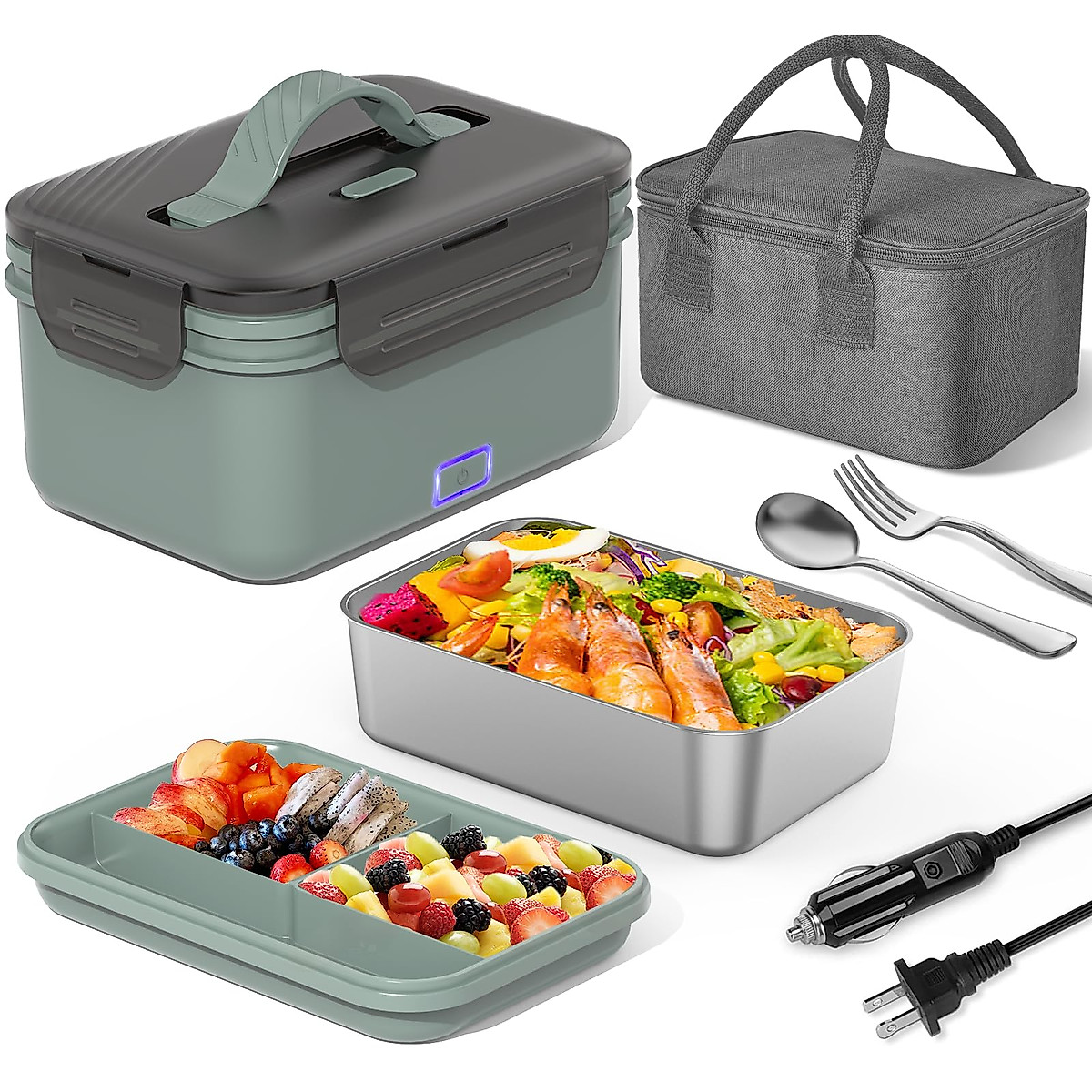 Vingud Electric Lunch Box 100W, 4 in 1 Heated Lunch Box for Adults, Portable Heating Lunch Box for Work/Car/Truck, with 1.8L Stainless Steel Container, 12V 24V 110V 220V, Green Grey