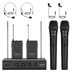 Phenyx Pro Wireless Microphone System, 4-Channel VHF Wireless Microphone Set with 2 Handhelds/2 Bodypacks/2 Lapels/ 2 Headset, Metal Receiver, Suitable for Church, Meeting, Conference(PTV-2000B)