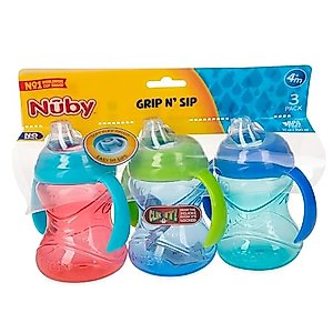 Nuby 3 Piece No-Spill Grip N’ Sip Cup with Silicone Soft Flex Spout, 2 Handle with Clik It Lock Feature, Boy, 10 Ounce