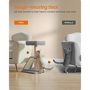 Feandrea Cat Scratching Post, Small Cat Tree Tower, Multifunctional Cat Scratcher with Self Groomer Brush, Rotatable Ramp, Pompoms, Cat Perch Bed for Indoor Cats, Light Gray UPCA024G01