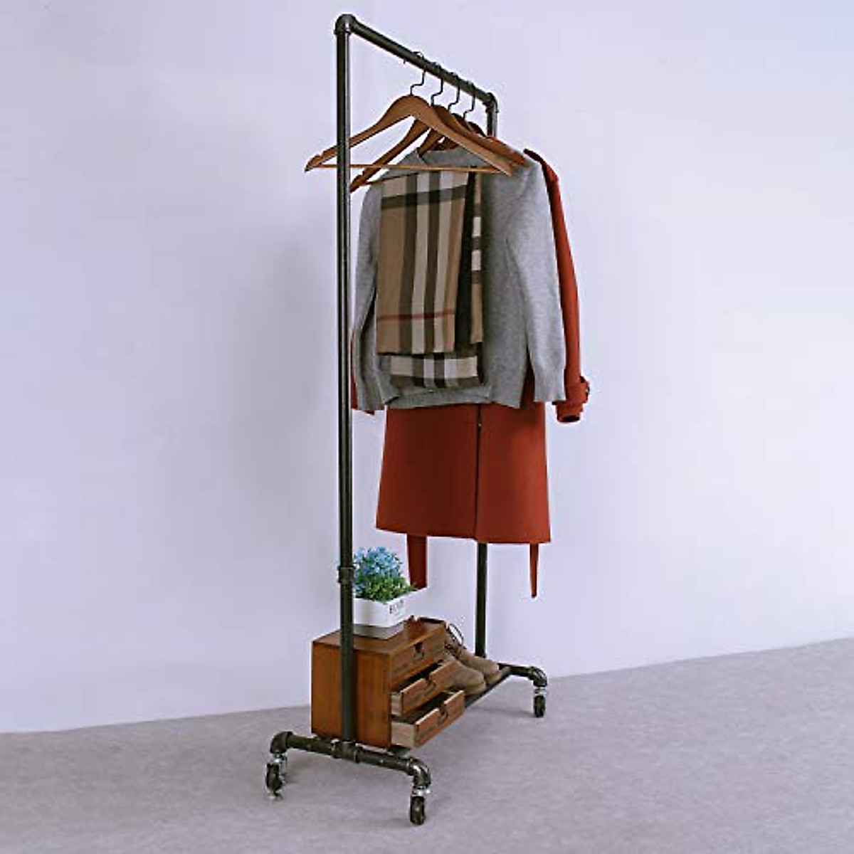 MBQQ Industrial Pipe Clothing Racks on Wheels,28in Length Heavy Duty Garment Racks Commercial Grade,Vintage Rolling Ballet Rack Clothes Display Rack Retail Display,Black Brush Silver