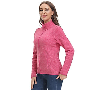COZZIPLUS Women Zip Up Sweater Jacket with Fleece Interior, Warm Knitted Fleece Jacket with Pockets (Rose Fuchsia Melange, X-Large)