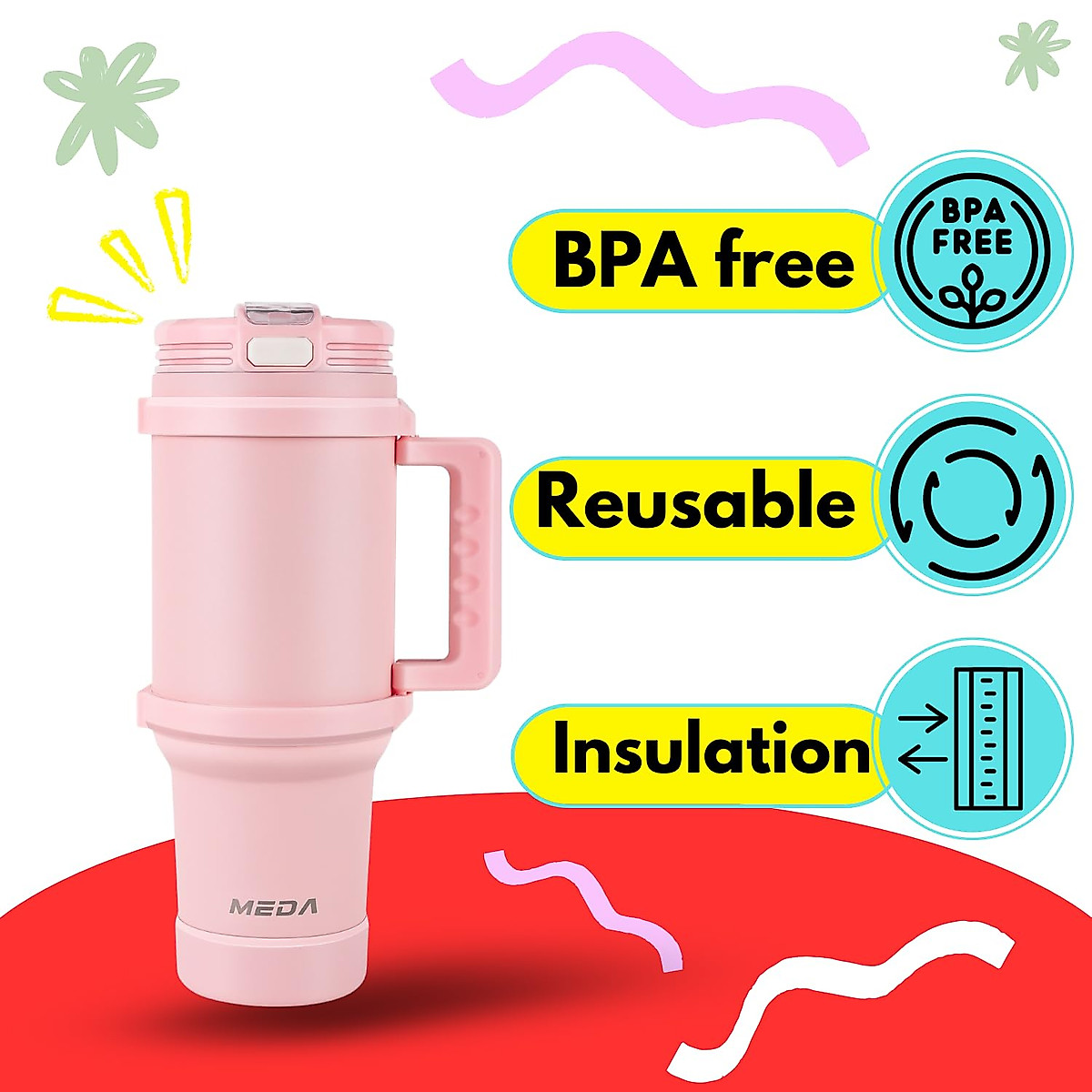 MEDA 40 oz Tumbler with Foldable Handle – Insulated, Reusable Stainless Steel Travel Coffee Mug – Perfect for Travel, Water, Iced Tea, Coffee – Ideal Easter Gift (Peach)