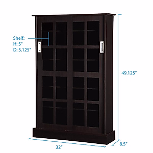 Atlantic Windowpane Media Storage Cabinet with Tempered Glass Pane Styled Sliding Doors, Holds CD, DVD or Blu-ray Media, Collectables or Memorabilia, PN 94835721 in Espresso
