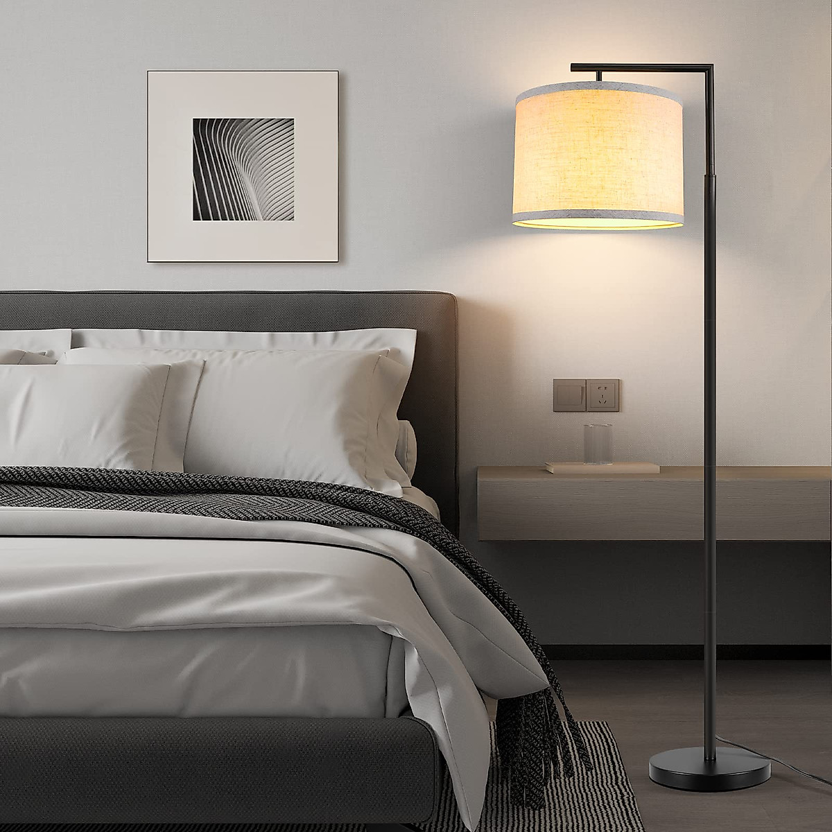 ROTTOGOON Floor Lamp for Living Room with 3-Color Temperature 9W LED Bulb, Modern Standing Lamp with Linen Beige Shade & Foot Switch, Tall Pole Lamp for Bedroom, Study Room, Office, Kids Room (Black)