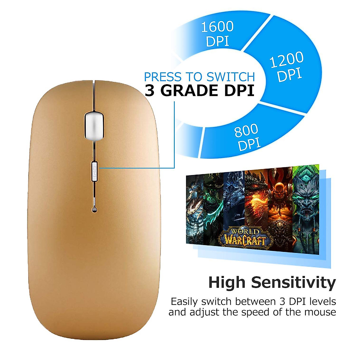 Bluetooth Wireless Mouse, Dual Mode Slim Rechargeable Wireless Mouse Silent Cordless Mouse with Bluetooth 4.0 and 2.4G Wireless, Compatible with Laptop, PC, Windows Mac Android OS Tablet (Gold)