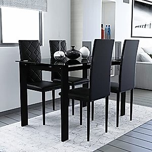 Yoglad Dining Table and Chairs, Dining Table/Chairs Set, Simple Style Table with Tempered Glass Top, Clean-Cutting Faux Leather Chairs, for Kitchen & Dining Room (Chairs*4 & Table*1, Set of 5, Black)