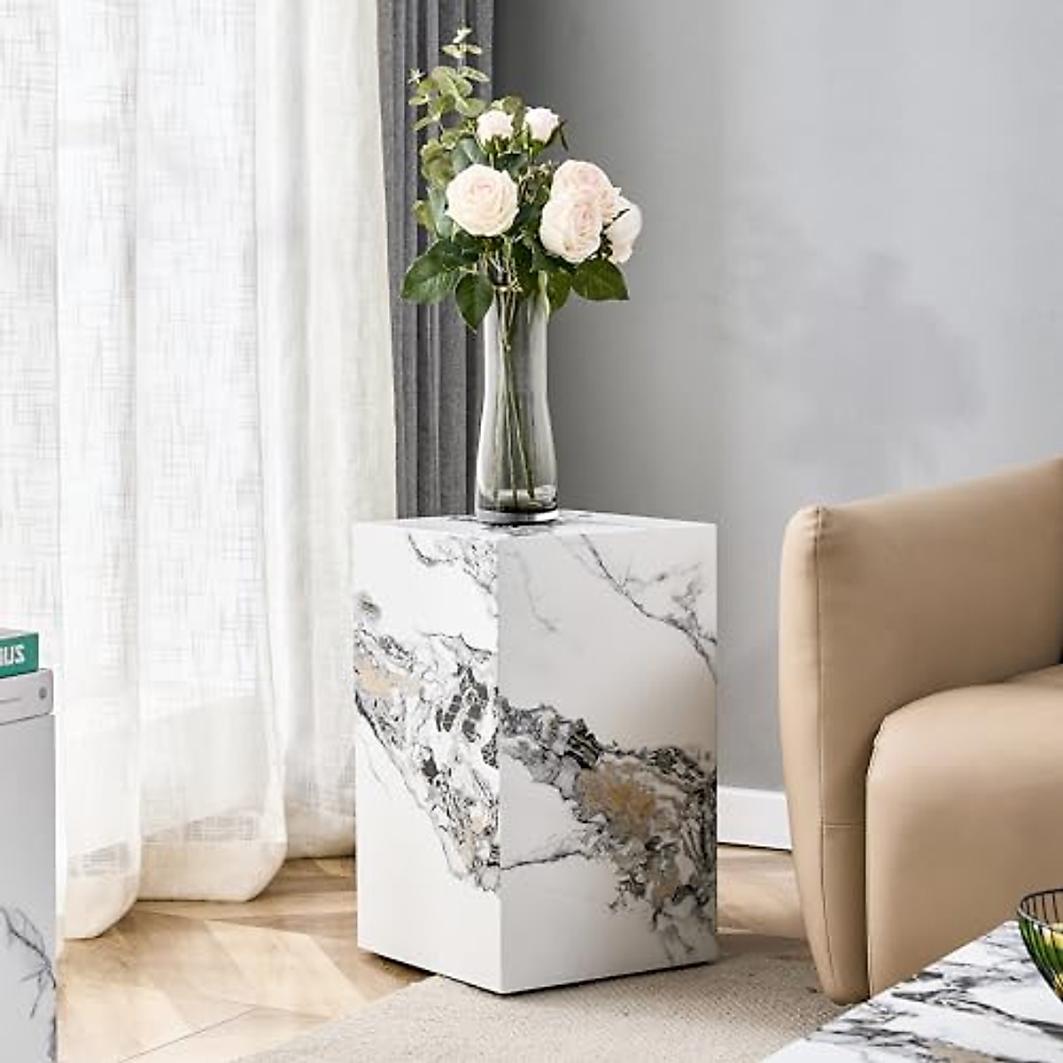 HESIEU Accent Table Side Table with Faux Marble Pattern Modern White Coffee Table Cube Stylish Accent Center Table Cocktail Table Marble Nightstand for Living Room Bedroom Office Dining Room