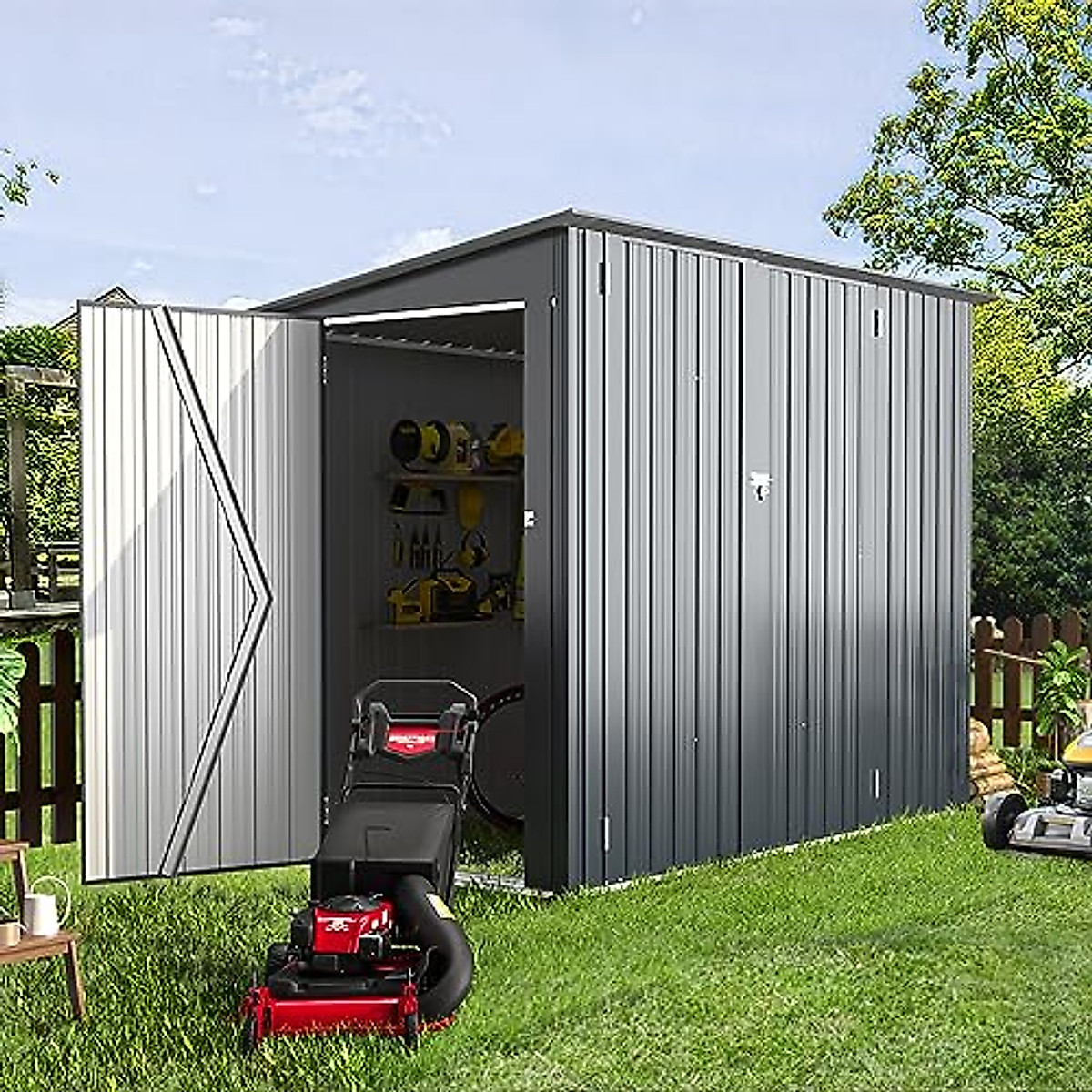 AECOJOY Storage Shed, 4 x 7.5 Ft Horizontal Bike Sheds & Outdoor Storage with Racks, Metal Outdoor Storage Cabinet for Garden