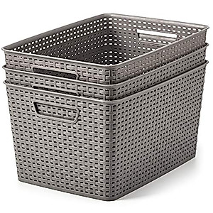 EZOWare 3 Pack X-Large Gray Woven Plastic Storage Baskets, Organizer Knit Basket Bin Boxes with Handle - 16.5x11.4x8.7 inch