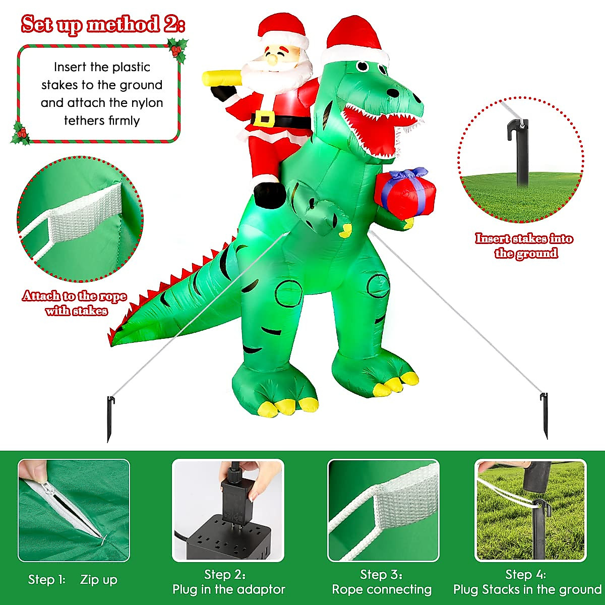 LEITAO 7FT Inflatable LED Santa Dinosaur Christmas Decoration - Giant Holiday Blow Up Decor for Indoor & Outdoor