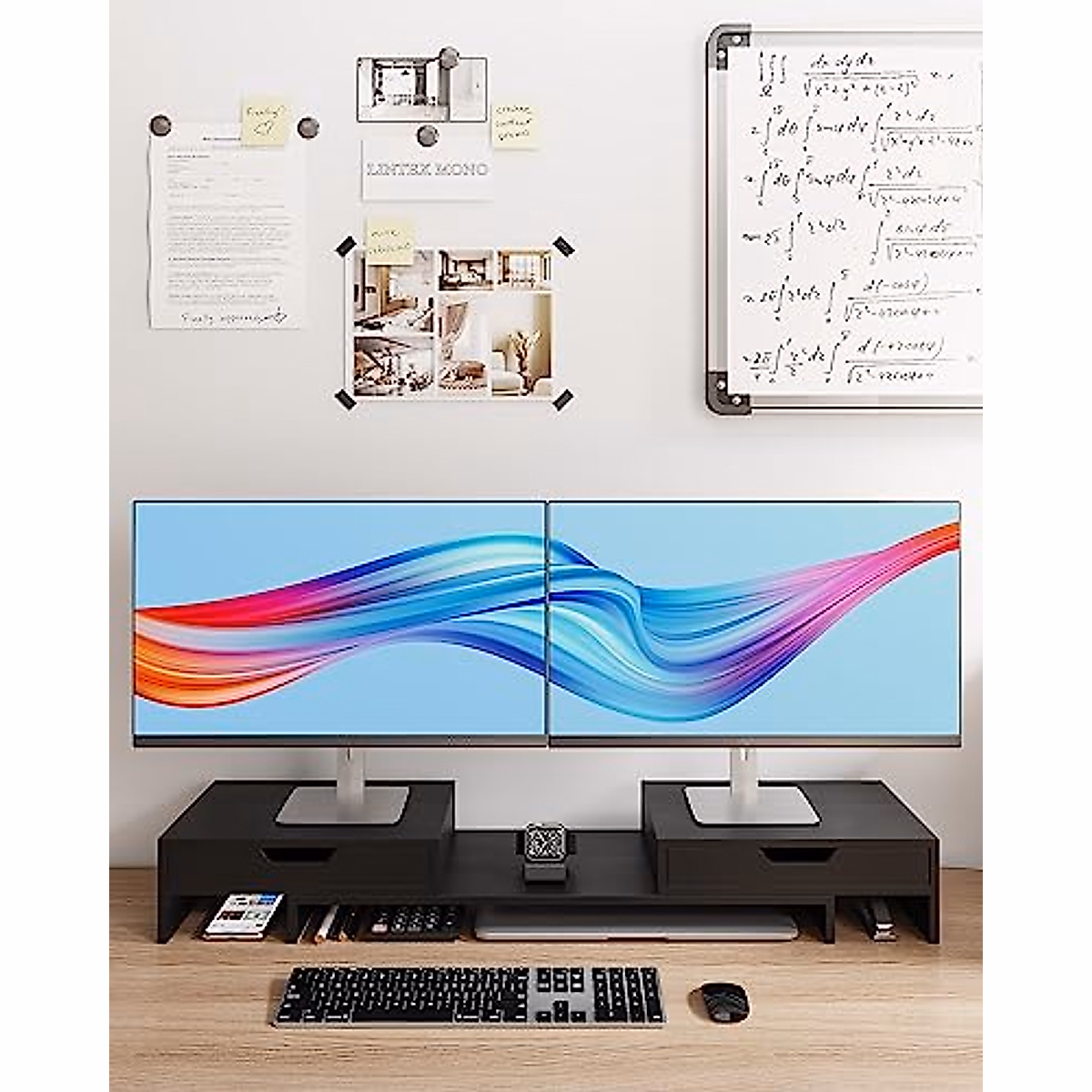 Epesoware Dual Monitor Stand Riser with Adjustable Length and Angle, Bamboo Computer Riser with 2 Extra Drawers, Desk Organizer for Laptop, Computer No Assembly Required