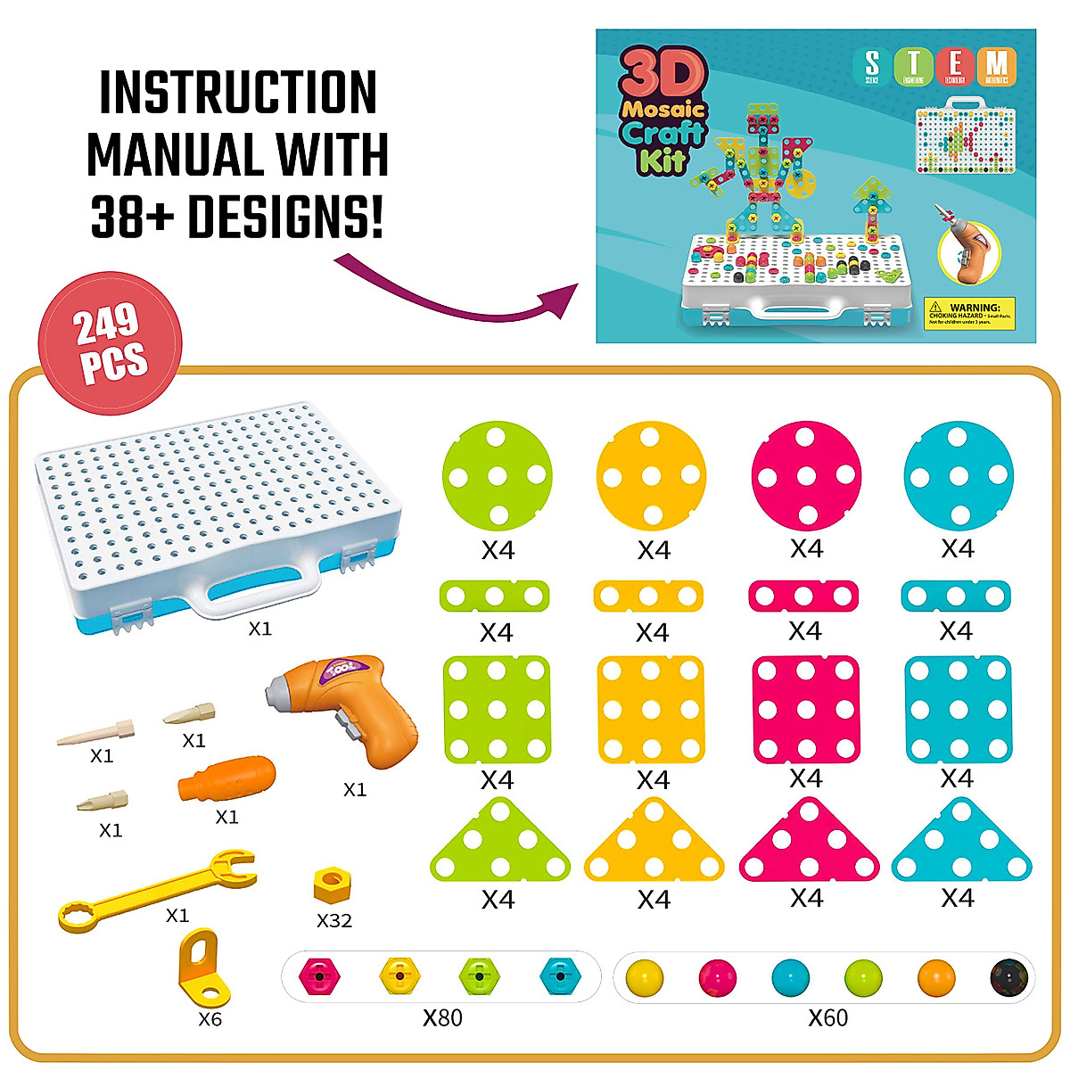 249 PCS STEM Learning Toys – Electric Drill DIY Educational Set, Creative Engineering with Various Shapes and 5 Toy Tools – 2&3D Mosaic Construction Kit for Toddlers, Boys and Girl Ages 3 4 5 6 7 8 9
