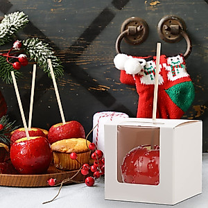 Frcctre 50 Pack White Kraft Candy Apple Boxes with Holes and Sticks, 4" x 4" x 4" Caramel Apple Box Gift Boxes Favor Boxes with Clear Window for Wedding Christmas Baby Shower Party Accessories