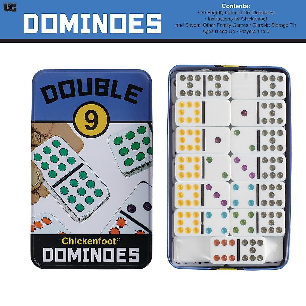 Front Porch Classics | Double 9 Colored Dot Dominoes Travel Tin Set, 2 to 8 Players Ages 8 to 99