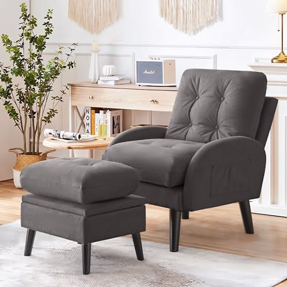 SENYUN Accent Chair with Ottoman, Comfy Living Room Chair and Storage Ottoman Set, Adjustable Extra-Thick Padded Backrest & Side Pocket, Lazy Sofa Chair for Bedroom