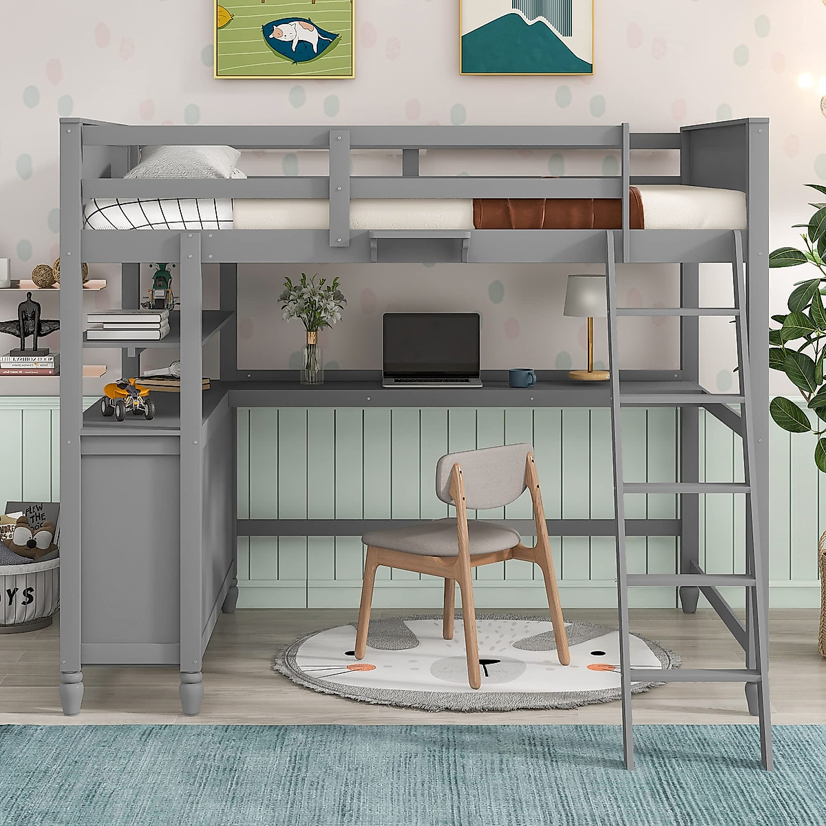 Bellemave Full Size Loft Bed with Desk & Storage Drawers Wood Loft Bed Frame with Ladder for Kids Adults Boys Girls Teens, Gray