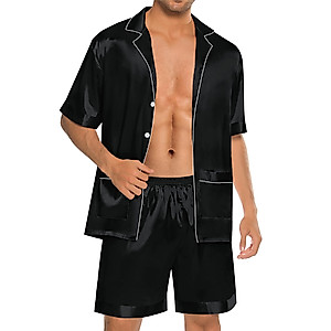 SWOMOG Mens Silk Pajama Set 2 Pieces Short Sleeve Soft Satin Sleepwear Button Down Pj Black Medium