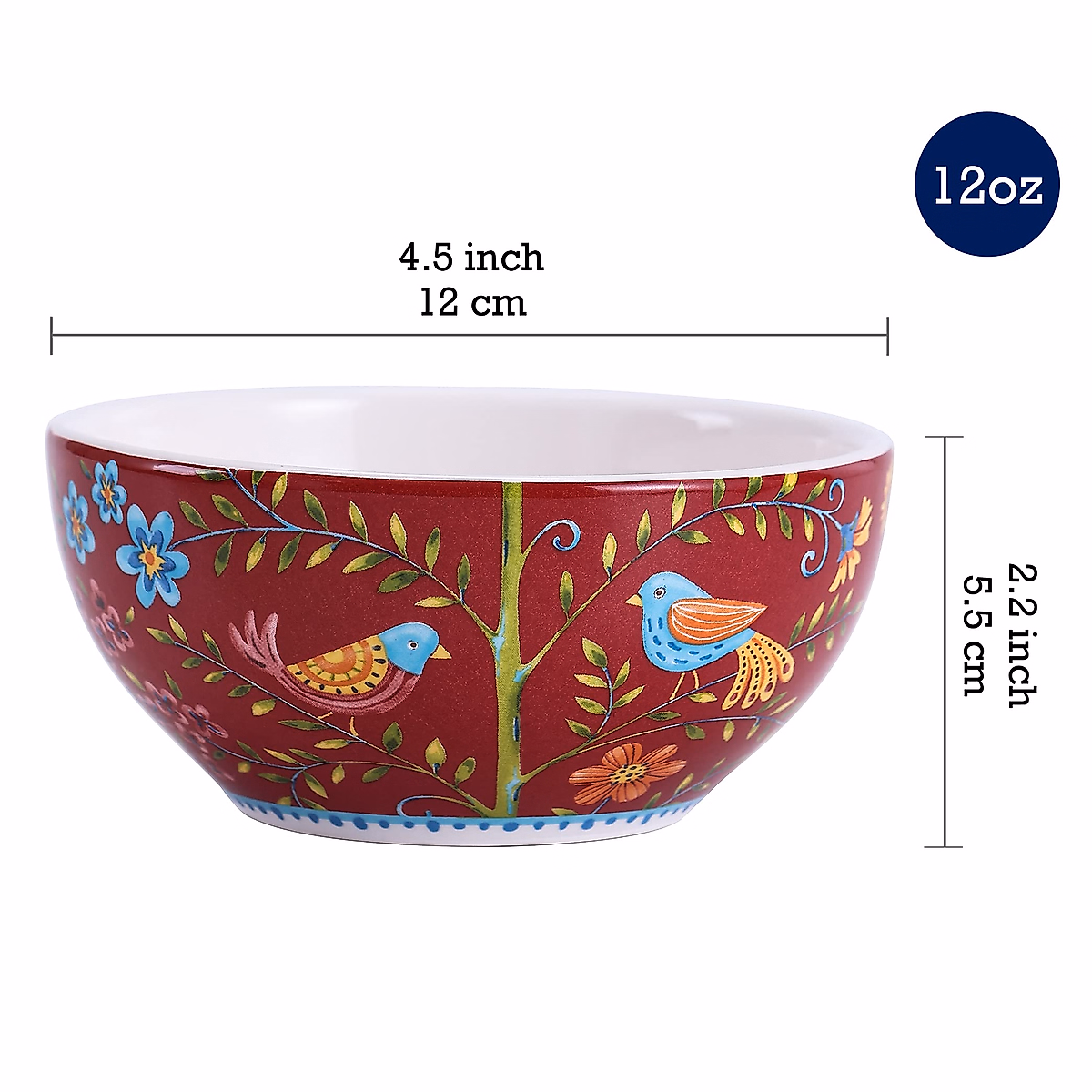 Bico Red Spring Bird Dessert Bowls Set of 6, Ceramic, 12oz, for Ice Cream, Salad, Cereal, Dipping Sauce, Microwave & Dishwasher Safe