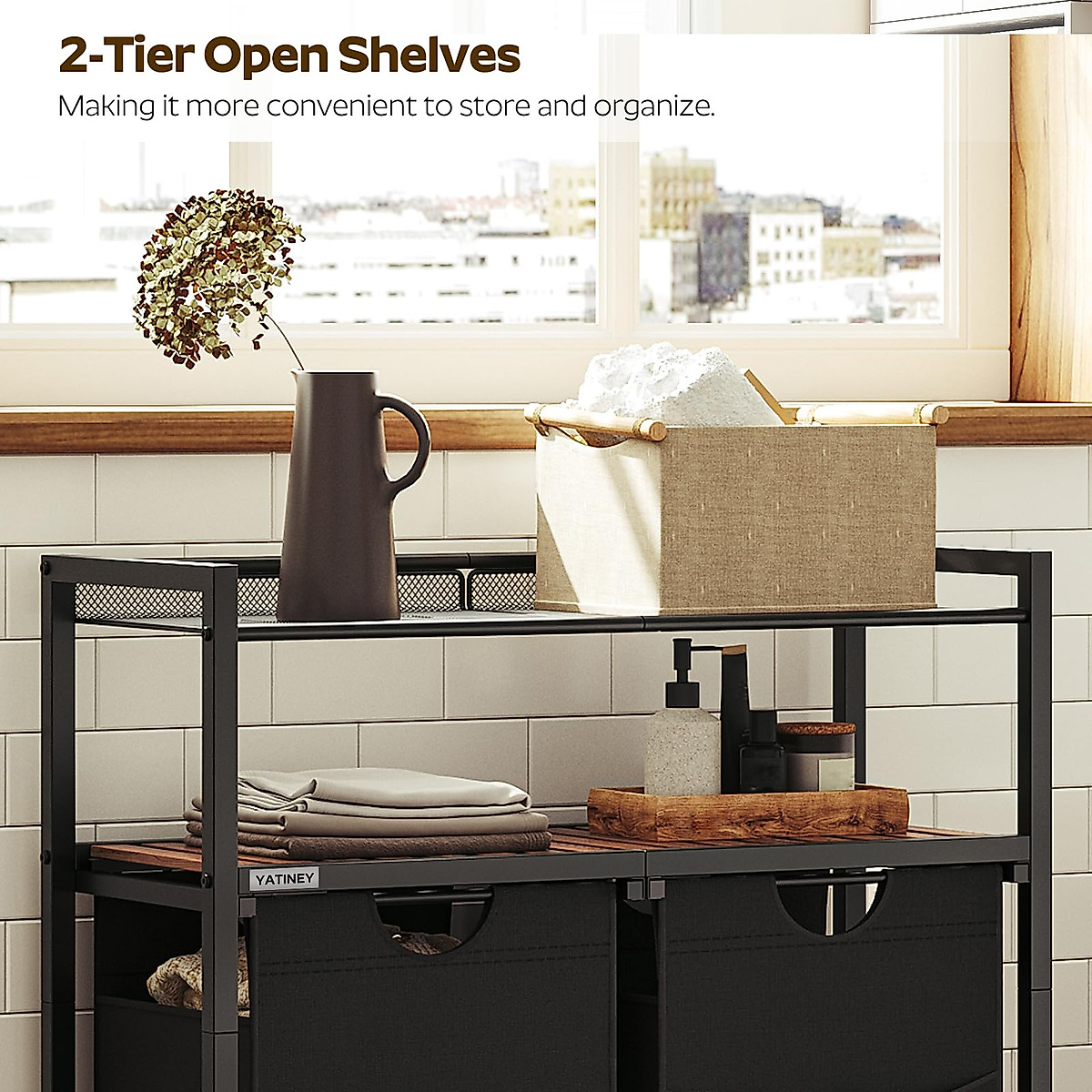 YATINEY Laundry Hamper with Wheels, Laundry Sorter 2 Section, Rolling Laundry Basket, 2 Pull-Out and Removable Laundry Bags, for Laundry Room, Badroom, Rustic Brown LS22BR