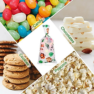 100 Pcs Jungle Animal Party Favors Bags Safari Animal Plastic Goody Treat Bags Safari Jungle Cellophane Gift Bags with Ribbons for Baby Shower Favors Jungle Theme Party Supplies for Birthday Party