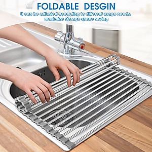 AOUAO Roll Up Dish Drying Rack,Multipurpose Stainless Steel Over The Sink Drainer Rack,Kitchen Portable Dish Rack (Round)