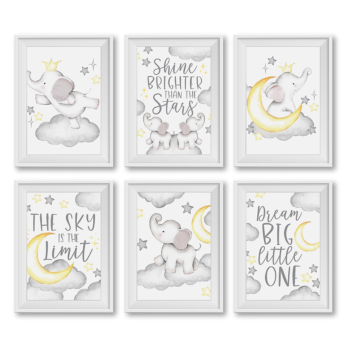 Hadley Designs 6 Reversible 8x10 Elephant Nursery Decor Wall Art Prints For Bedroom Posters, Baby Elephant Baby Shower Decorations For Wall Art Prints, Stars and Moon Nursery Decor