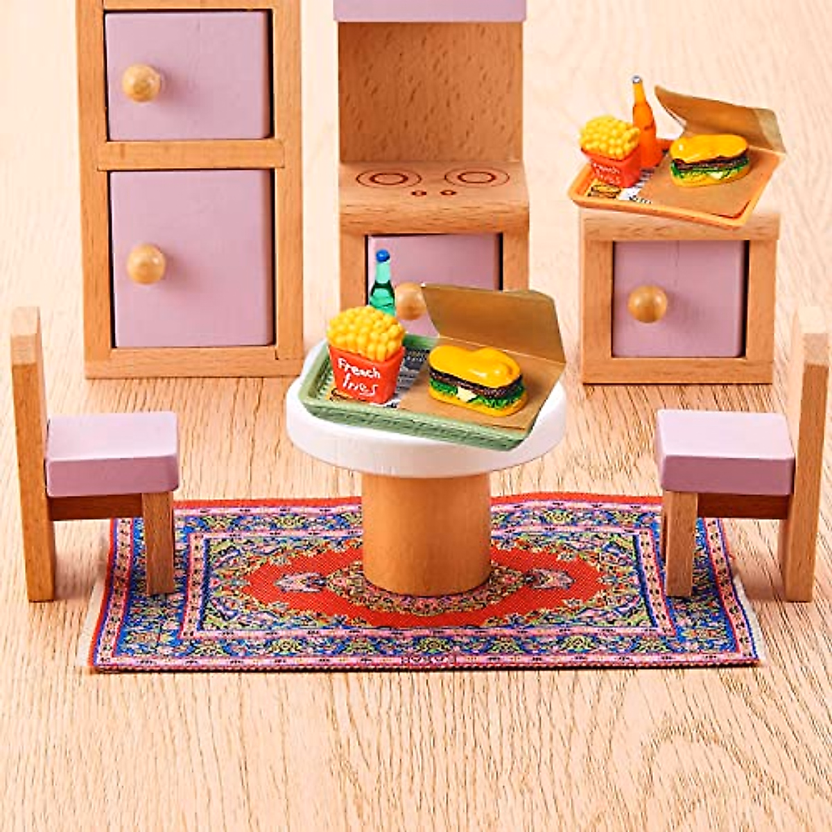 28Pcs Dollhouse Furniture Set, 1/12 Dollhouse Decoration 1Pc Wooden Dining Table and 4Pcs Chair, 1Pc Mini Carpet Turkey Rugs, 4 Sets Dinner Plate for Kids Gift