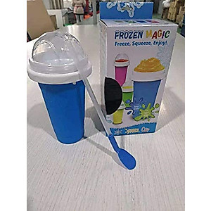 Slushy Maker Ice Cup Travel Portable Double Layer Silica Cup Children's Adult Slushy Ice Cup Pinch Cup Hot Summer Cooler Smoothie Silicon Cup Pinch into Ice (Blue)