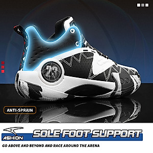 ASHION Boys Shoes Youth Air Cushion Sneakers Kids Basketball Running Sport Shoes Girls Mid Top School Training (Little Kid/Big Kid), Black White 5