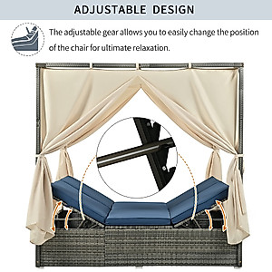 Merax Outdoor Patio Wicker Sun Bed with Canopy, Overhead Curtains, Cushions, Lounge Charis with Adjustable Seats, Blue
