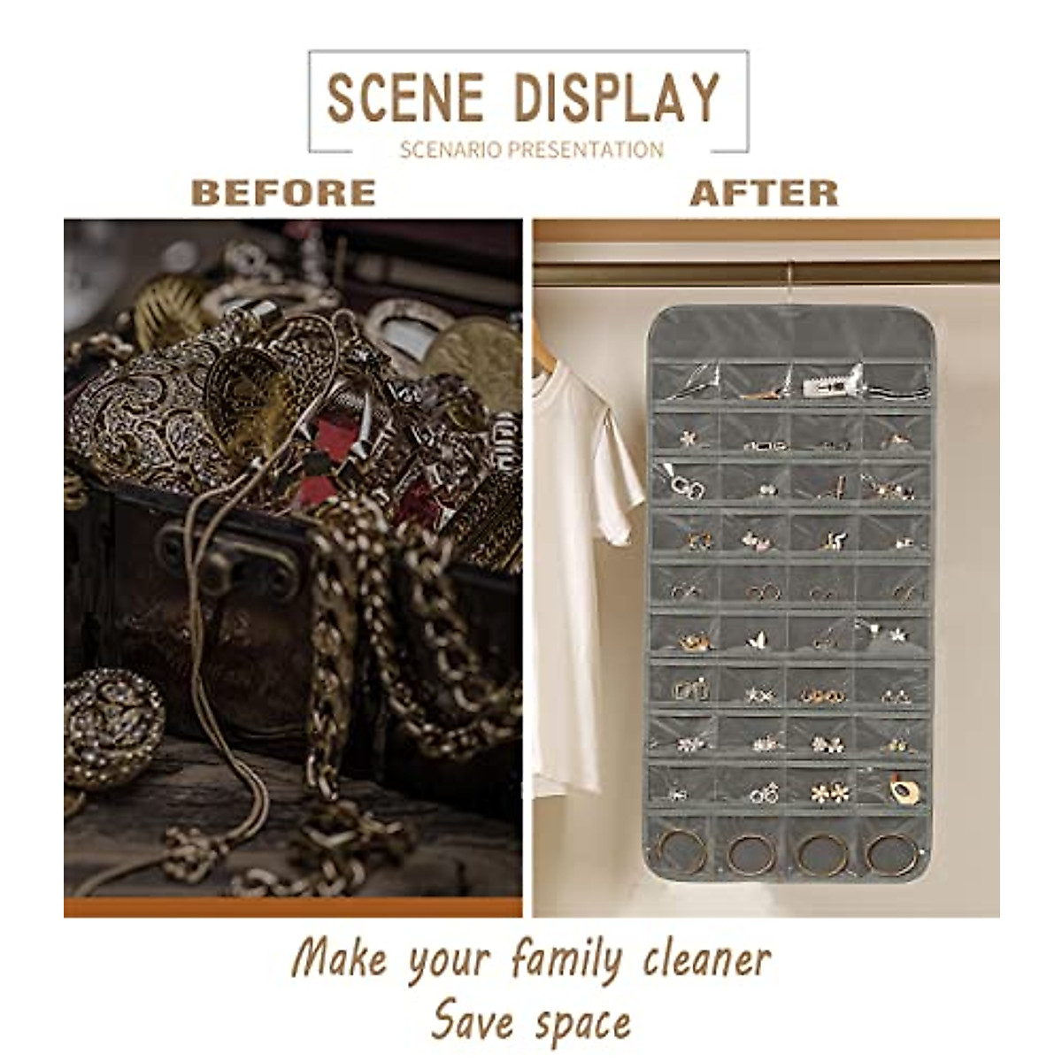 AARAINBOW Hanging Jewelry Organizer Dual-Sided Closet Accesoory Organizer with 80 Pockets Jewelry Hanger for Earrings, Necklaces, Rings on Closet, Wall, Door (Gray)