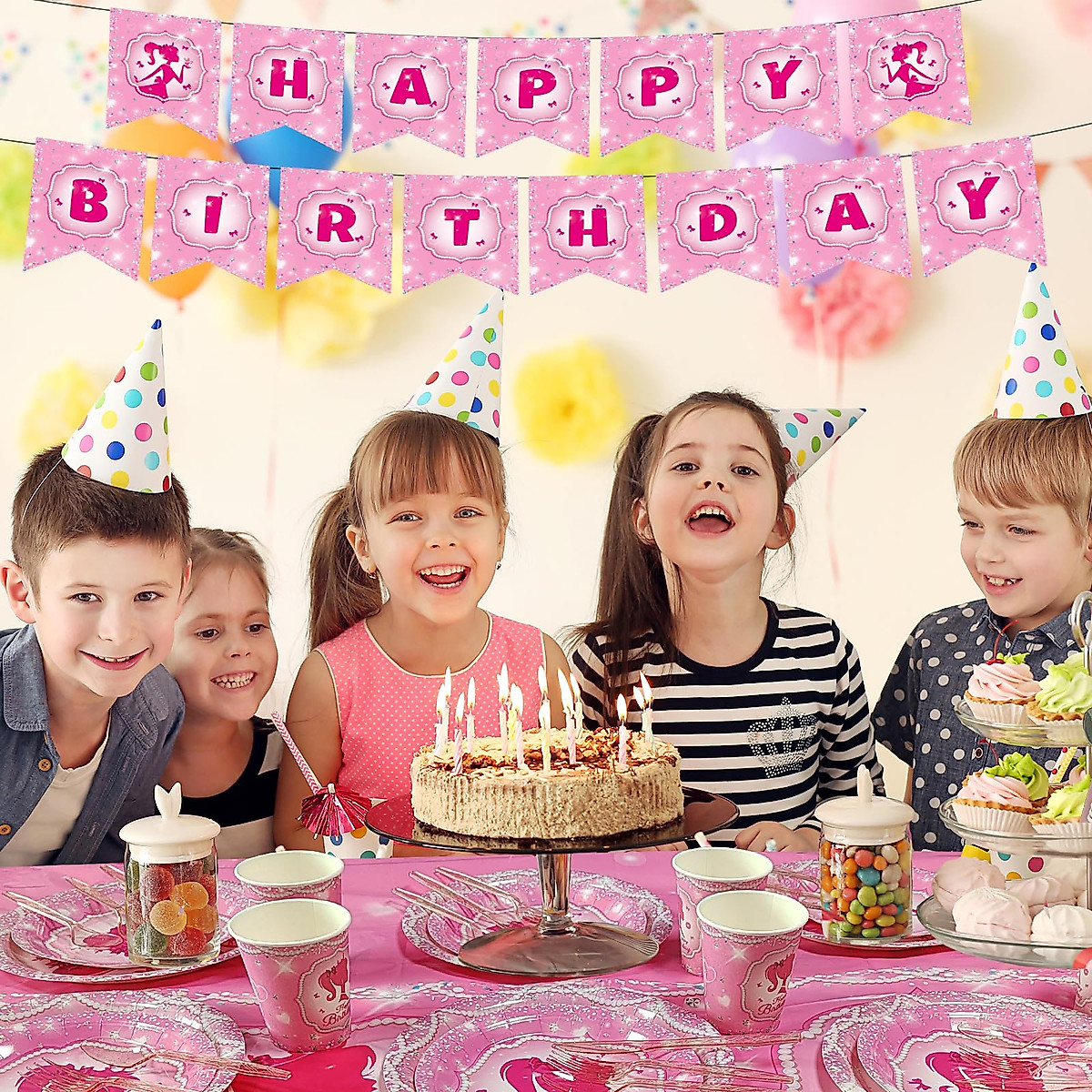 Aoerfes Girl Party Plates for Princess Pink Party Decoration, Serves 24 Guests Plates and Napkins Cup Tablecloth Dinnerware for Princess Doll Theme Girl Birthday Party Tableware