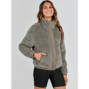 ANRABESS Womens Fleece Jacket Casual Long Sleeve Cropped Sherpa Button Down Fuzzy Warm Coats Fall Outwear With Pockets Grey Medium