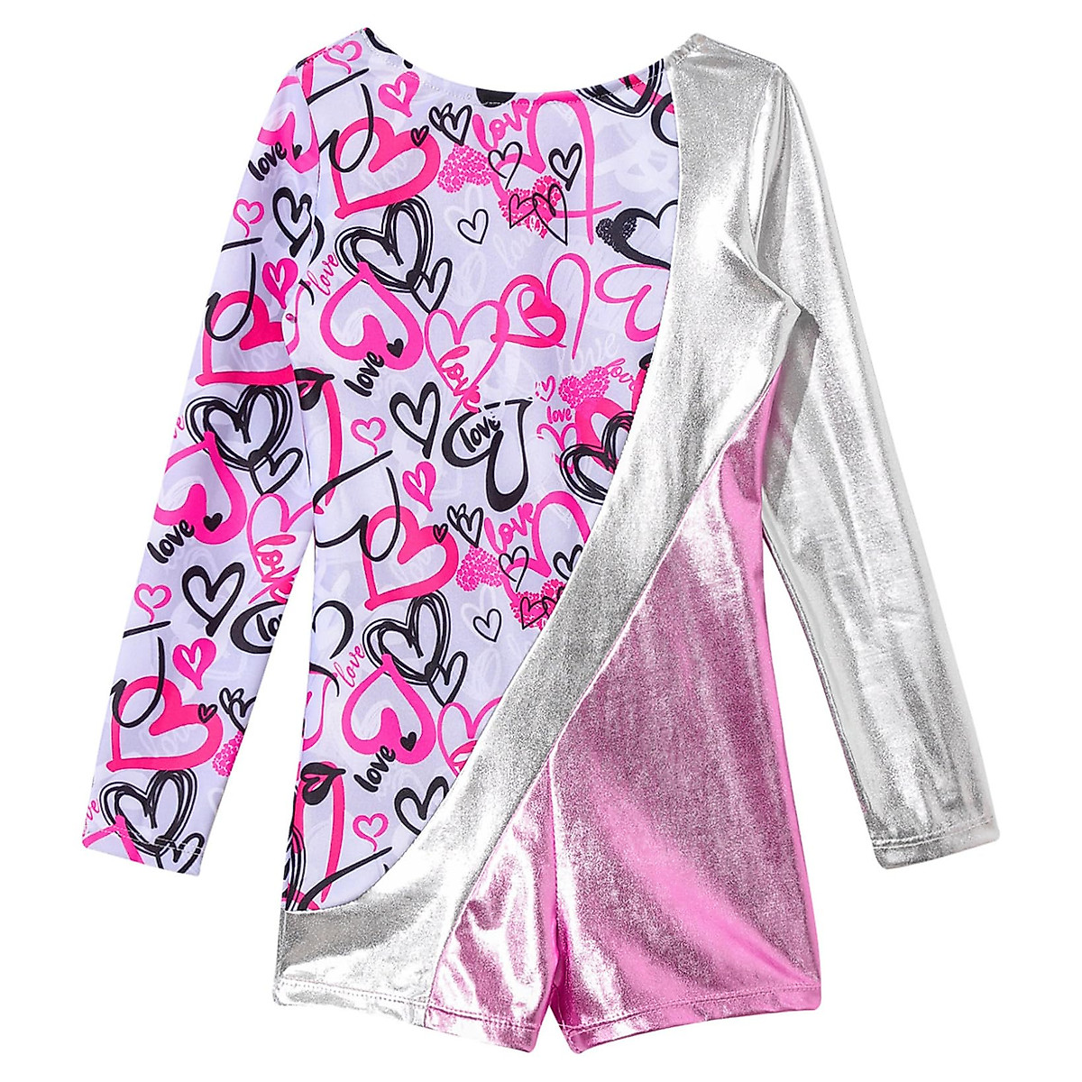 Hansber Metallic Biketard for Kids Girls Long Sleeve U Neck Shorty Leotard Gymnastics Tumebling Top Pink 12 Years