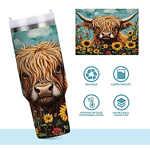 Nesatuwa 30 oz Sunflowers Highland Cow Tumbler with Handle and Straw Lid,Reusable Stainless Steel Vacuum Insulated Tumbler Leakproof Travel Coffee Mug for Iced and Hot Beverages