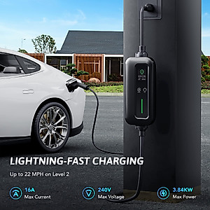 Level 2 & Level 1 EV Charger, 16Amp 110-240V Portable J1772 Electric Car Charger with NEMA 6-20 & NEMA 5-15 Adapter, Plug-in EV Charging Station with Adjustable Amp Delayed Timer 25ft Long Cord, Black