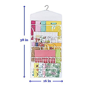 ProPik Hanging Double Sided Gift Bag Storage Organizer with Multiple Front and Back Pockets - Organize Your Gift Wrap, Tissue Paper, and Paper Bags 38 x 16 Inch PVC (White)