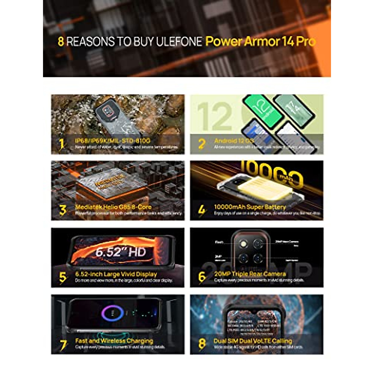 Ulefone Armor 14 Pro 10000mAh Rugged Smartphone, Android 12, 6GB+128GB, Helio G85 Octa-core Waterproof Rugged Phone, 6.52” HD+, 20MP AI Camera, Fast Charging Unlocked Cell Phones, Dual Sim 4G