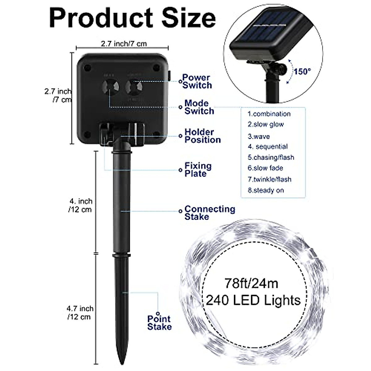 8 Pack Solar String Lights Outdoor Waterproof Each 240 Led 78ft Solar Fairy Lights Outdoor 8 Mode Led Solar Outdoor Lights Tree Lights Waterproof Copper Wire Lights for Tree Garden Yard(Cool White)