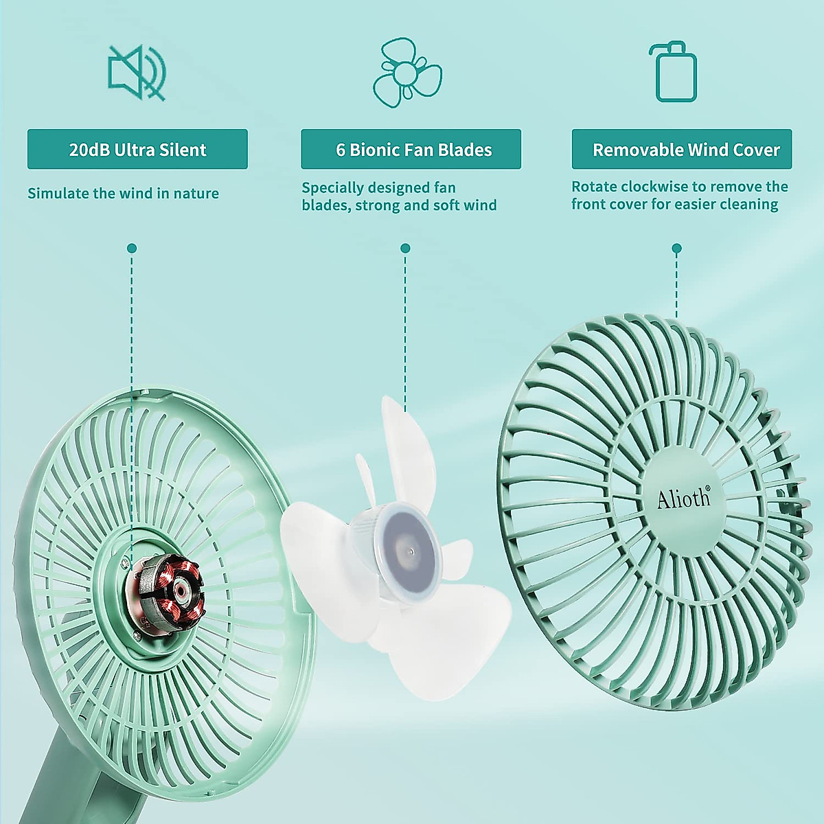 Alioth Portable Desk Fan, Personal Fan,Foldable and Rechargeable, 3 Speeds Super Quiet Battery Operated Fan for Office, Home, Outdoor (White)