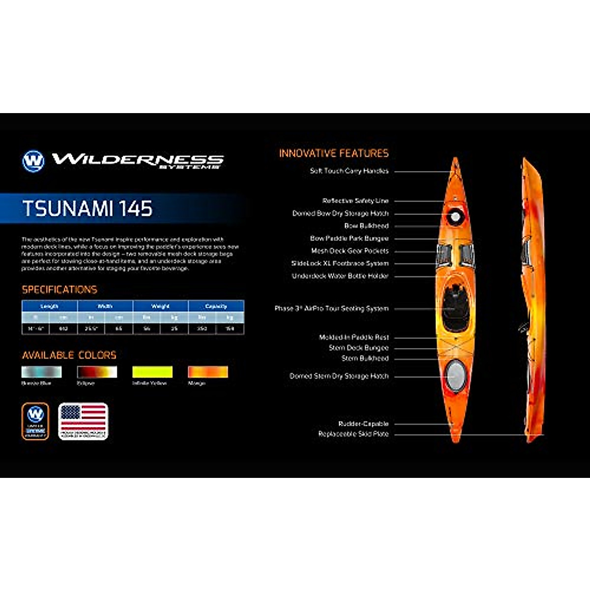 Wilderness Systems Tsunami 145 | Sit Inside Touring Kayak | Multiple Storage Options - Phase 3 Air Pro Seating | 14' 6" | Mango